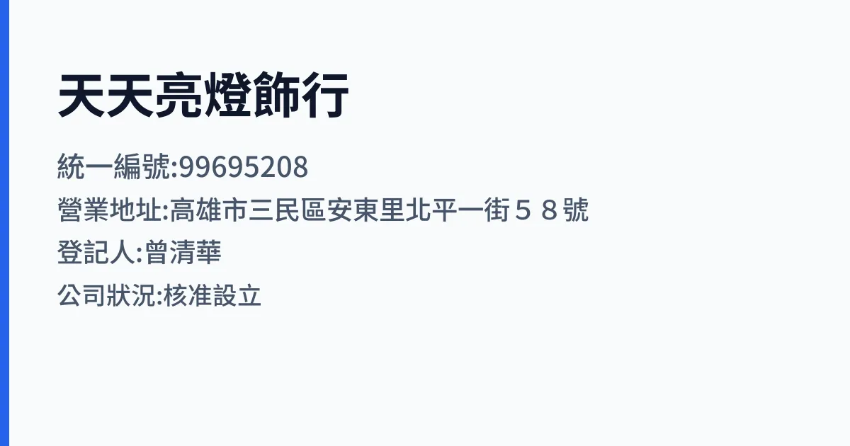 天天亮燈飾行 - 統編 99695208(高雄市) 公司登記資料與營業項目詳細圖表