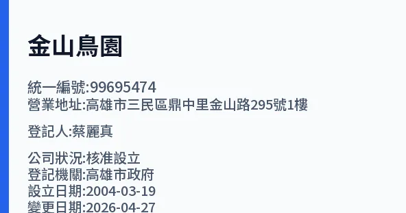 金山鳥園的照片-統編 99695474(高雄市) 公司登記資料與營業項目詳細圖表