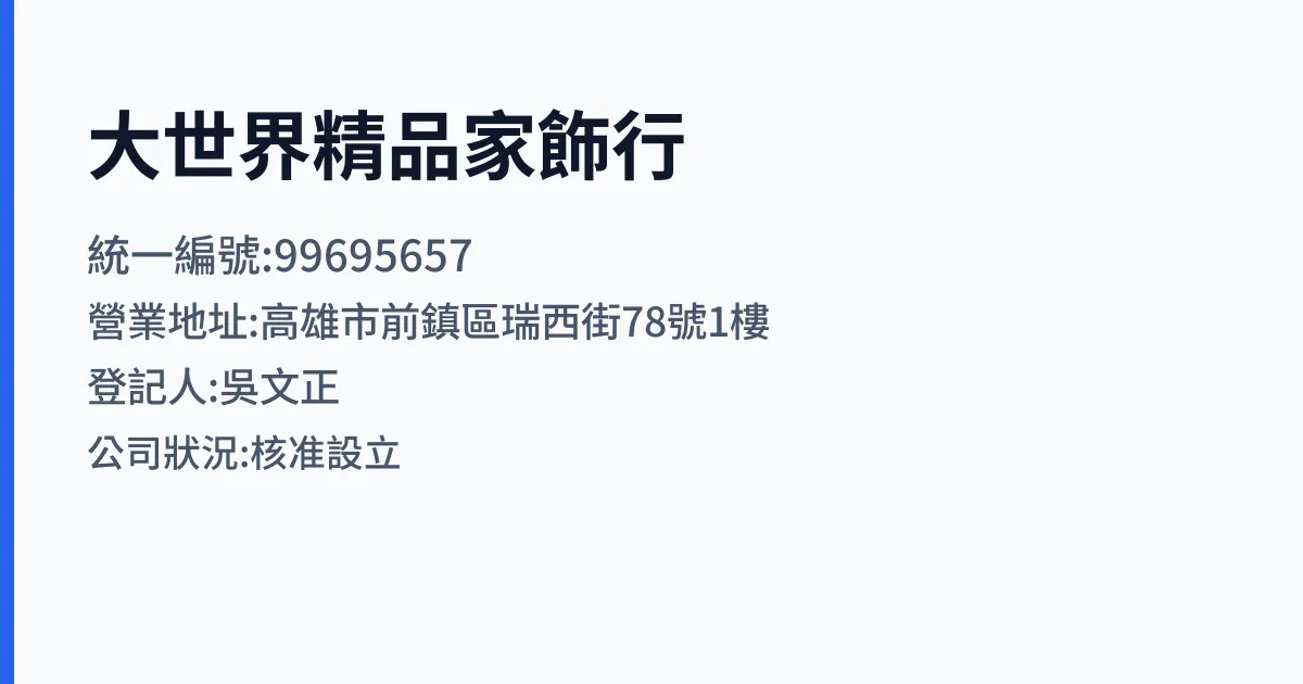 大世界精品家飾行 - 統編 99695657(高雄市) 公司登記資料與營業項目詳細圖表
