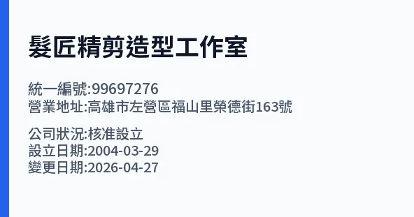 髮匠精剪造型工作室的照片-統編 99697276(高雄市) 公司登記資料與營業項目詳細圖表