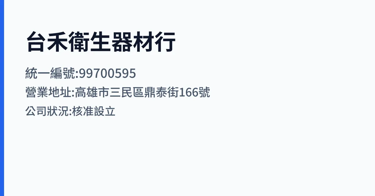 台禾衛生器材行 - 統編 99700595(高雄市) 公司登記資料與營業項目詳細圖表