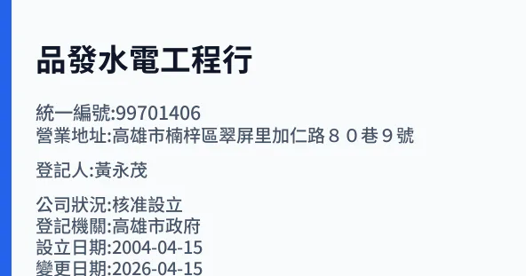 品發水電工程行的照片-統編 99701406(高雄市) 公司登記資料與營業項目詳細圖表