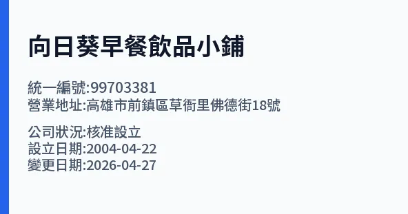 向日葵早餐飲品小鋪的照片-統編 99703381(高雄市) 公司登記資料與營業項目詳細圖表