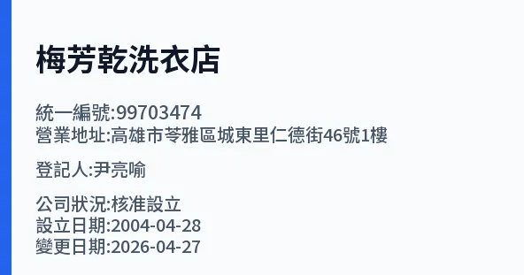 梅芳乾洗衣店的照片-統編 99703474(高雄市) 公司登記資料與營業項目詳細圖表