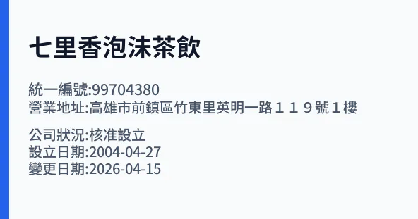 七里香泡沬茶飲的照片-統編 99704380(高雄市) 公司登記資料與營業項目詳細圖表