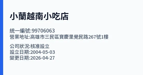 小蘭越南小吃店的照片-統編 99706063(高雄市) 公司登記資料與營業項目詳細圖表