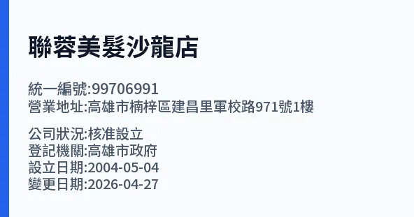 聯蓉美髮沙龍店的照片-統編 99706991(高雄市) 公司登記資料與營業項目詳細圖表