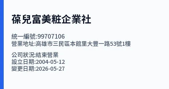 葆兒富美粧企業社的照片-統編 99707106(高雄市) 公司登記資料與營業項目詳細圖表