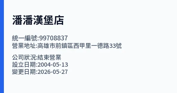 潘潘漢堡店的照片-統編 99708837(高雄市) 公司登記資料與營業項目詳細圖表