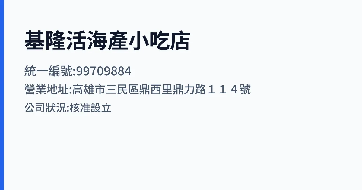 基隆活海產小吃店 - 統編 99709884(高雄市) 公司登記資料與營業項目詳細圖表