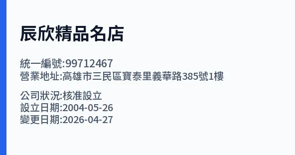 辰欣精品名店的照片-統編 99712467(高雄市) 公司登記資料與營業項目詳細圖表
