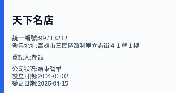 天下名店的照片-統編 99713212(高雄市) 公司登記資料與營業項目詳細圖表