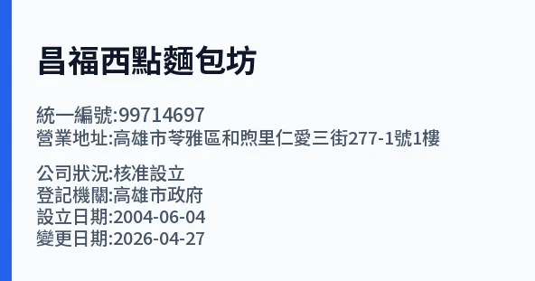 昌福西點麵包坊的照片-統編 99714697(高雄市) 公司登記資料與營業項目詳細圖表
