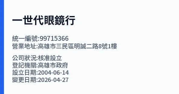 一世代眼鏡行的照片-統編 99715366(高雄市) 公司登記資料與營業項目詳細圖表