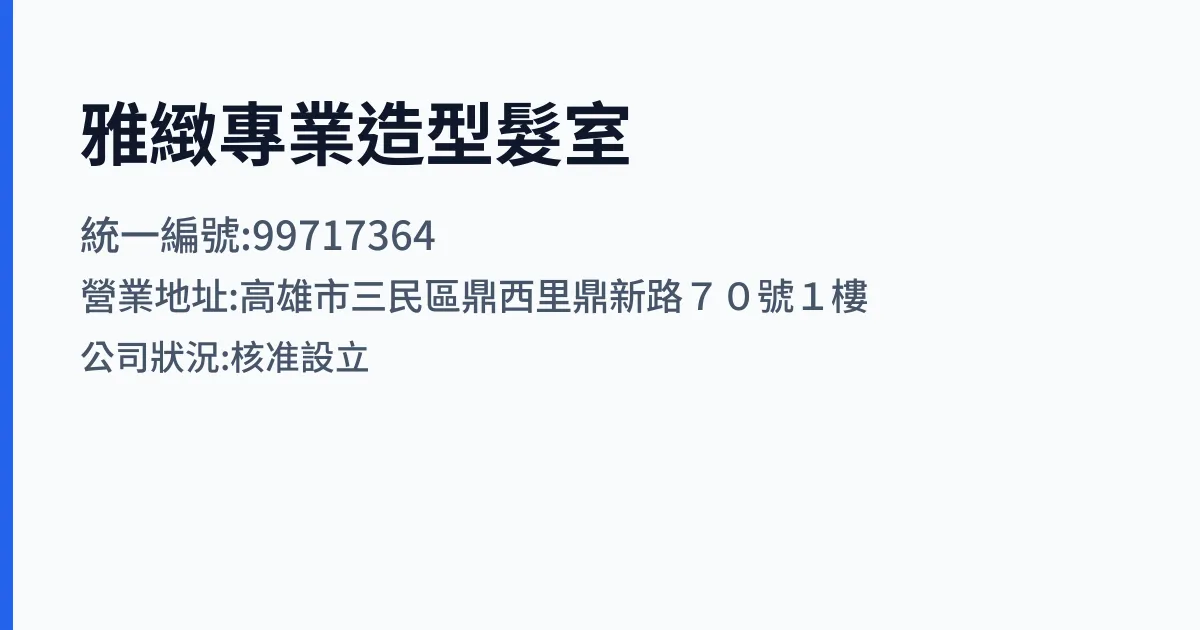 雅緻專業造型髮室 - 統編 99717364(高雄市) 公司登記資料與營業項目詳細圖表