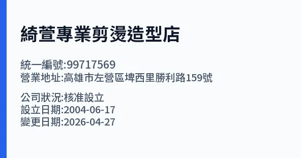 綺萱專業剪燙造型店的照片-統編 99717569(高雄市) 公司登記資料與營業項目詳細圖表