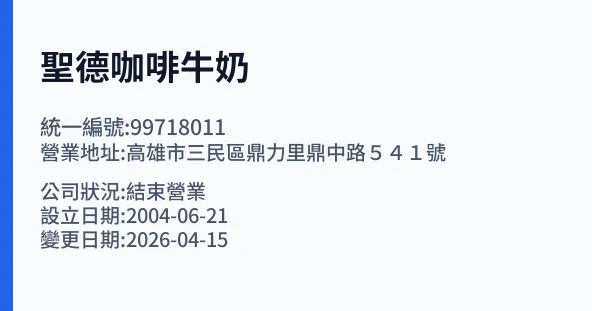 聖德咖啡牛奶的照片-統編 99718011(高雄市) 公司登記資料與營業項目詳細圖表