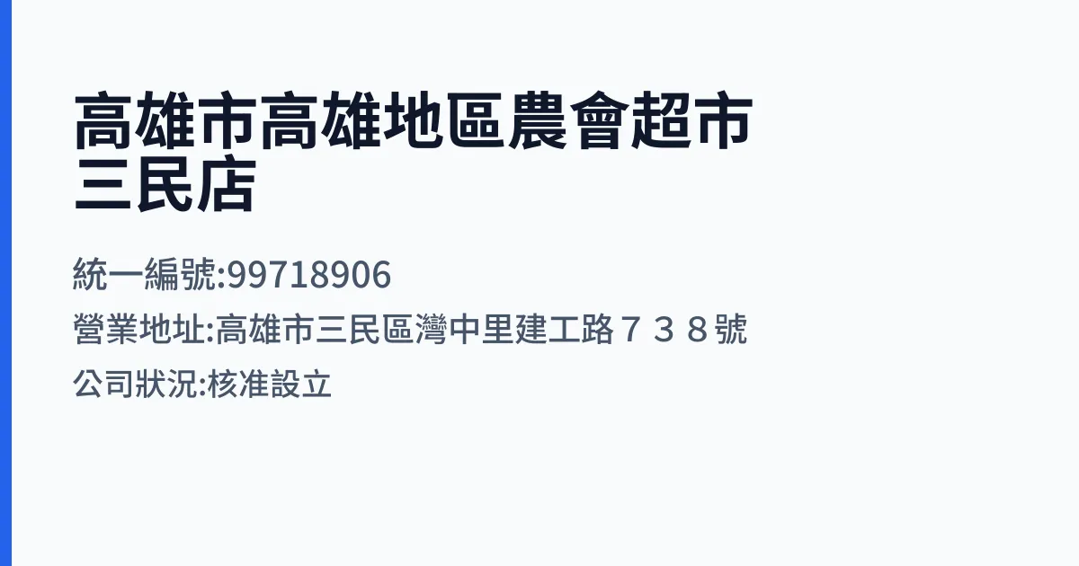 高雄市高雄地區農會超市三民店 - 統編 99718906(高雄市) 公司登記資料與營業項目詳細圖表