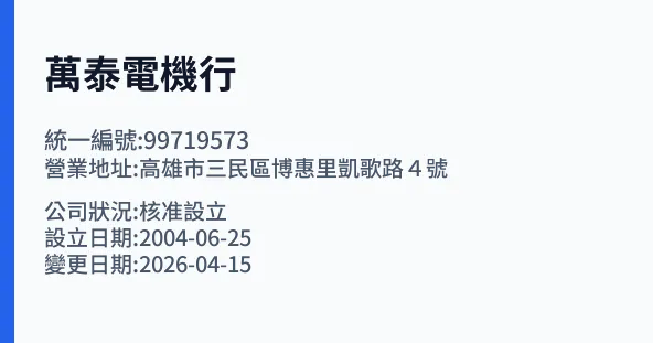 萬泰電機行的照片-統編 99719573(高雄市) 公司登記資料與營業項目詳細圖表