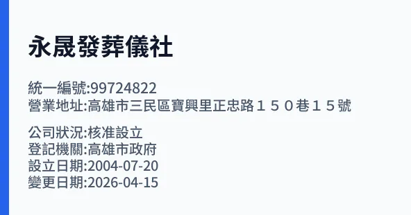 永晟發葬儀社的照片-統編 99724822(高雄市) 公司登記資料與營業項目詳細圖表