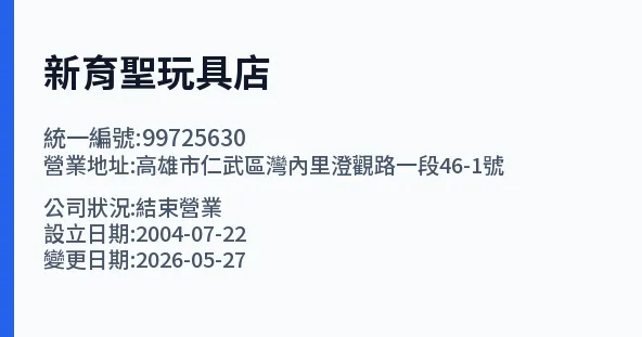新育聖玩具店的照片-統編 99725630(高雄市) 公司登記資料與營業項目詳細圖表