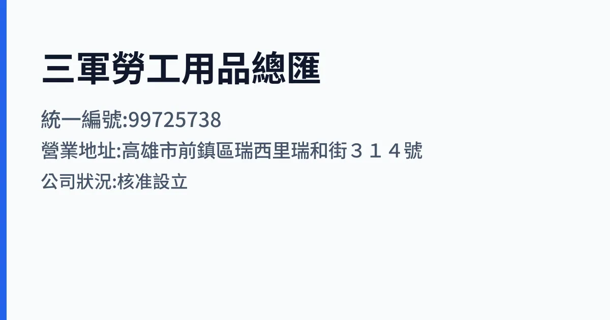 三軍勞工用品總匯 - 統編 99725738(高雄市) 公司登記資料與營業項目詳細圖表
