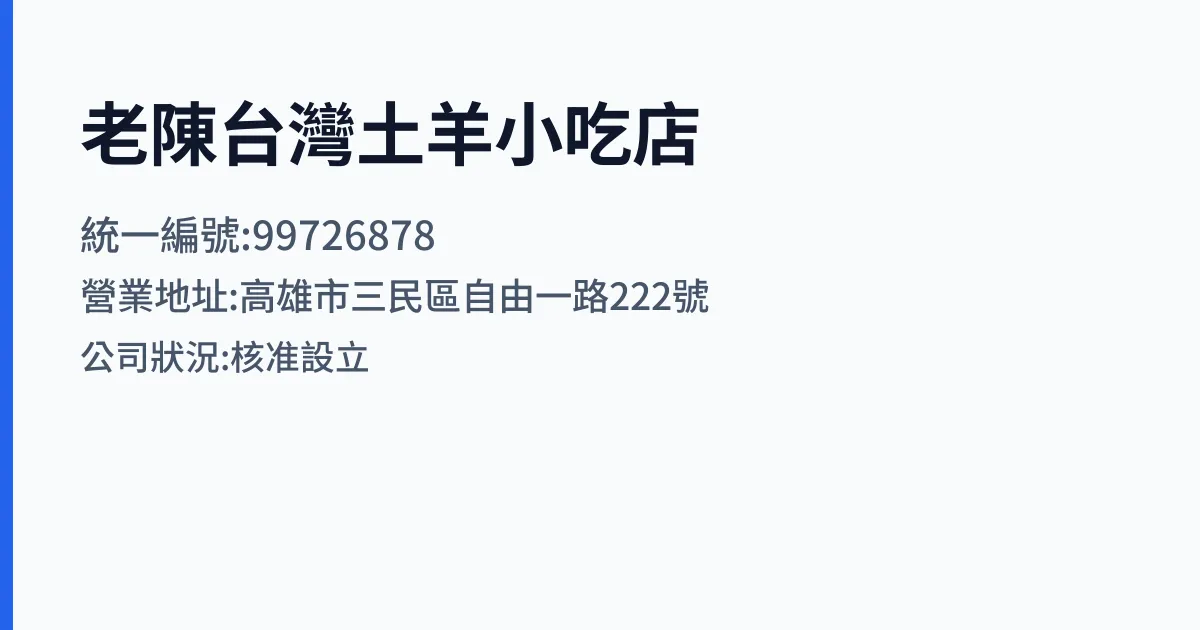 老陳台灣土羊小吃店 - 統編 99726878(高雄市) 公司登記資料與營業項目詳細圖表