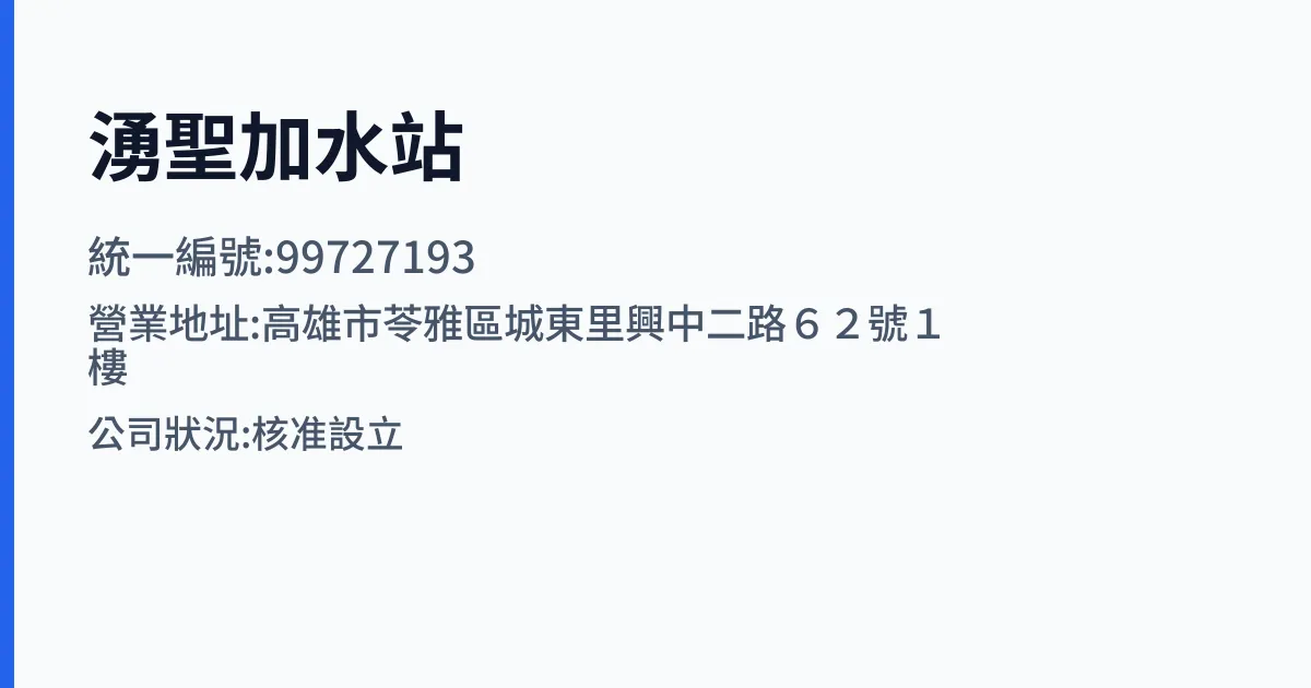 湧聖加水站 - 統編 99727193(高雄市) 公司登記資料與營業項目詳細圖表
