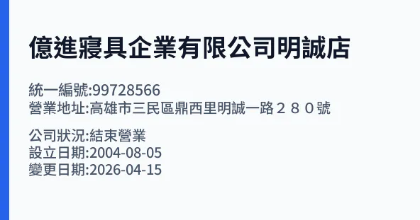 億進寢具企業有限公司明誠店的照片-統編 99728566(高雄市) 公司登記資料與營業項目詳細圖表