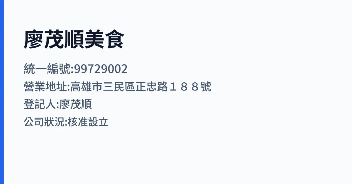 廖茂順美食 - 統編 99729002(高雄市) 公司登記資料與營業項目詳細圖表