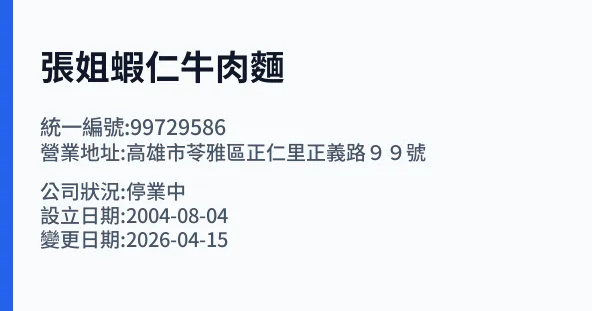 張姐蝦仁牛肉麵的照片-統編 99729586(高雄市) 公司登記資料與營業項目詳細圖表