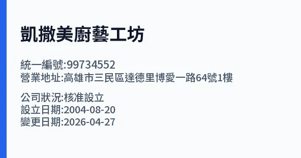 凱撒美廚藝工坊的照片-統編 99734552(高雄市) 公司登記資料與營業項目詳細圖表