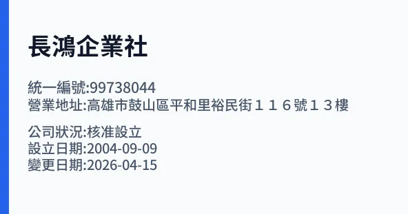 長鴻企業社的照片-統編 99738044(高雄市) 公司登記資料與營業項目詳細圖表