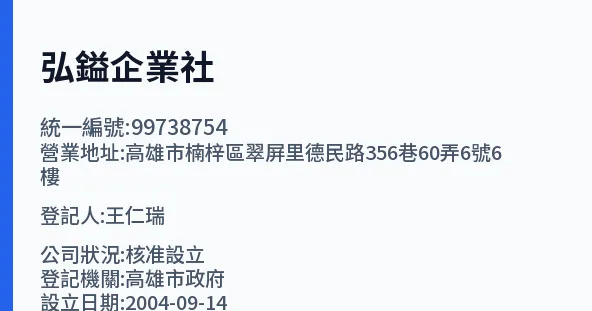 弘鎰企業社的照片-統編 99738754(高雄市) 公司登記資料與營業項目詳細圖表
