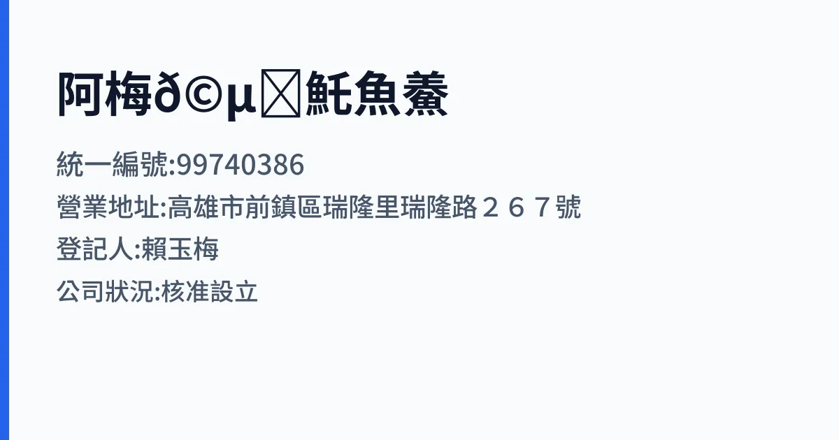 阿梅𩵚魠魚鯗 - 統編 99740386(高雄市) 公司登記資料與營業項目詳細圖表