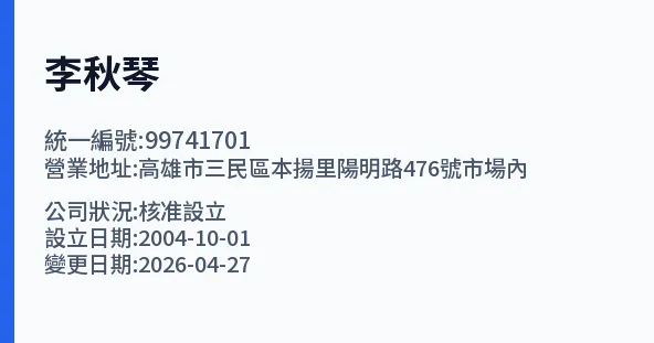 李秋琴的照片-統編 99741701(高雄市) 公司登記資料與營業項目詳細圖表