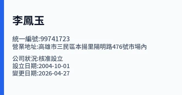 李鳳玉的照片-統編 99741723(高雄市) 公司登記資料與營業項目詳細圖表
