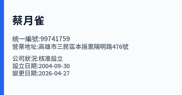 蔡月雀的照片-統編 99741759(高雄市) 公司登記資料與營業項目詳細圖表