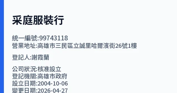 采庭服裝行的照片-統編 99743118(高雄市) 公司登記資料與營業項目詳細圖表