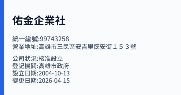 佑金企業社的照片-統編 99743258(高雄市) 公司登記資料與營業項目詳細圖表