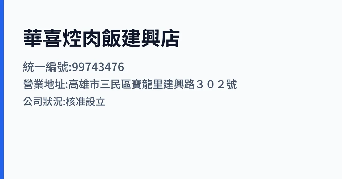 華喜焢肉飯建興店 - 統編 99743476(高雄市) 公司登記資料與營業項目詳細圖表