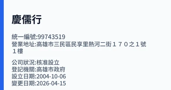 慶儒行的照片-統編 99743519(高雄市) 公司登記資料與營業項目詳細圖表