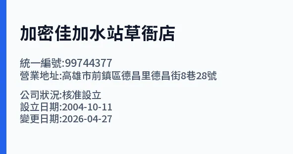加密佳加水站草衙店的照片-統編 99744377(高雄市) 公司登記資料與營業項目詳細圖表