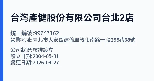 台灣產健股份有限公司台北2店的照片-統編 99747162(臺北市) 公司登記資料與營業項目詳細圖表