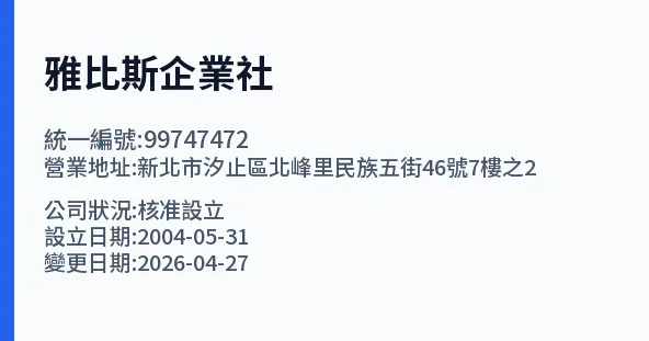 雅比斯企業社的照片-統編 99747472(新北市) 公司登記資料與營業項目詳細圖表