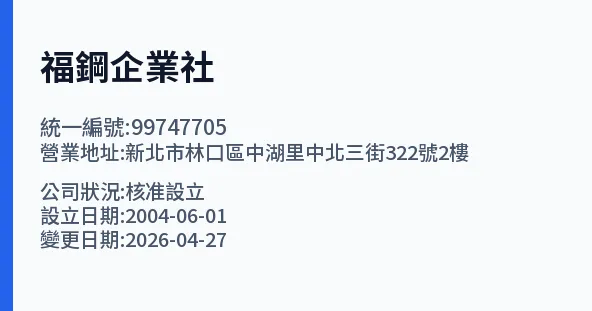 福鋼企業社的照片-統編 99747705(新北市) 公司登記資料與營業項目詳細圖表