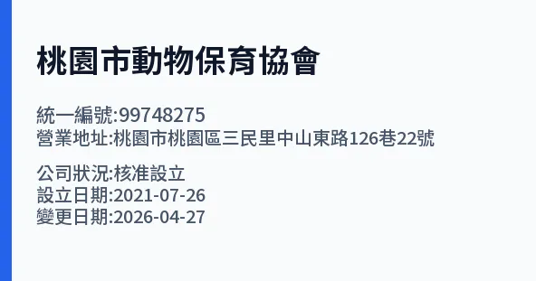 桃園市動物保育協會的照片-統編 99748275(桃園市) 公司登記資料與營業項目詳細圖表