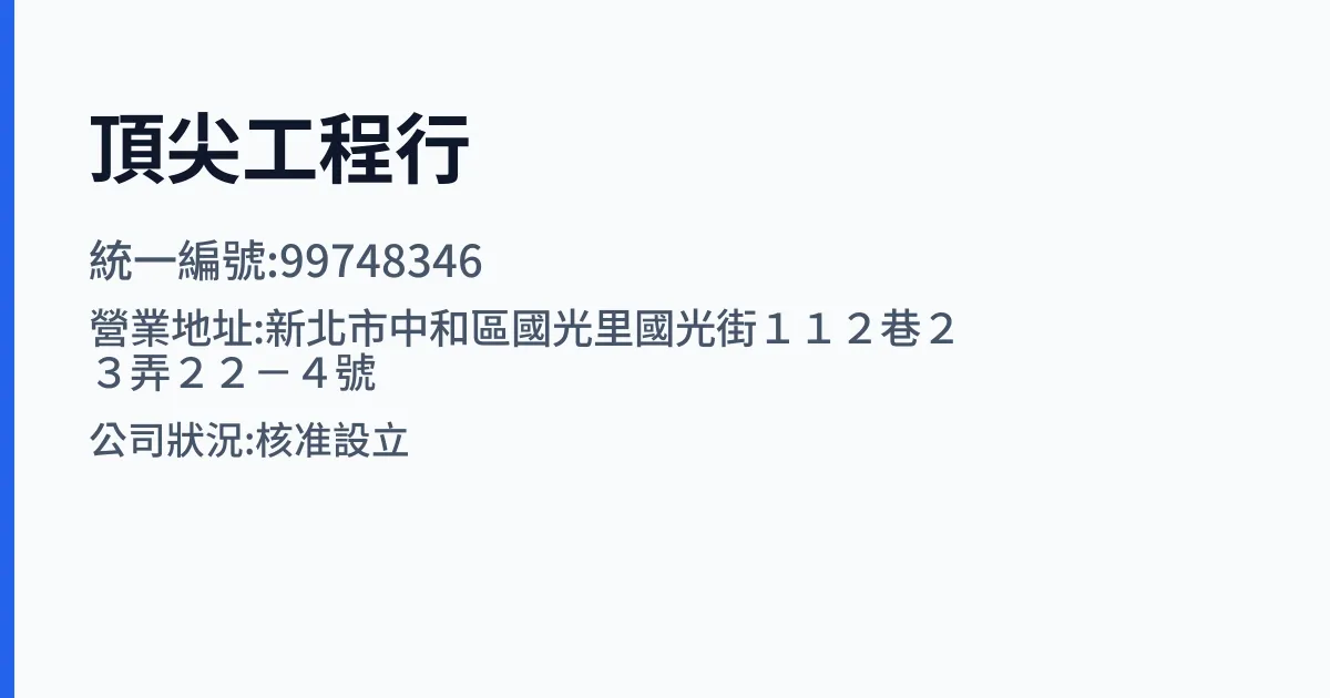 頂尖工程行 - 統編 99748346(新北市) 公司登記資料與營業項目詳細圖表