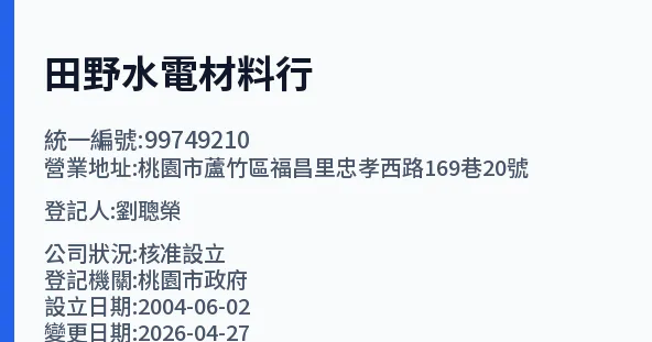 田野水電材料行的照片-統編 99749210(桃園市) 公司登記資料與營業項目詳細圖表