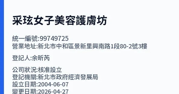 采玹女子美容護膚坊的照片-統編 99749725(新北市) 公司登記資料與營業項目詳細圖表